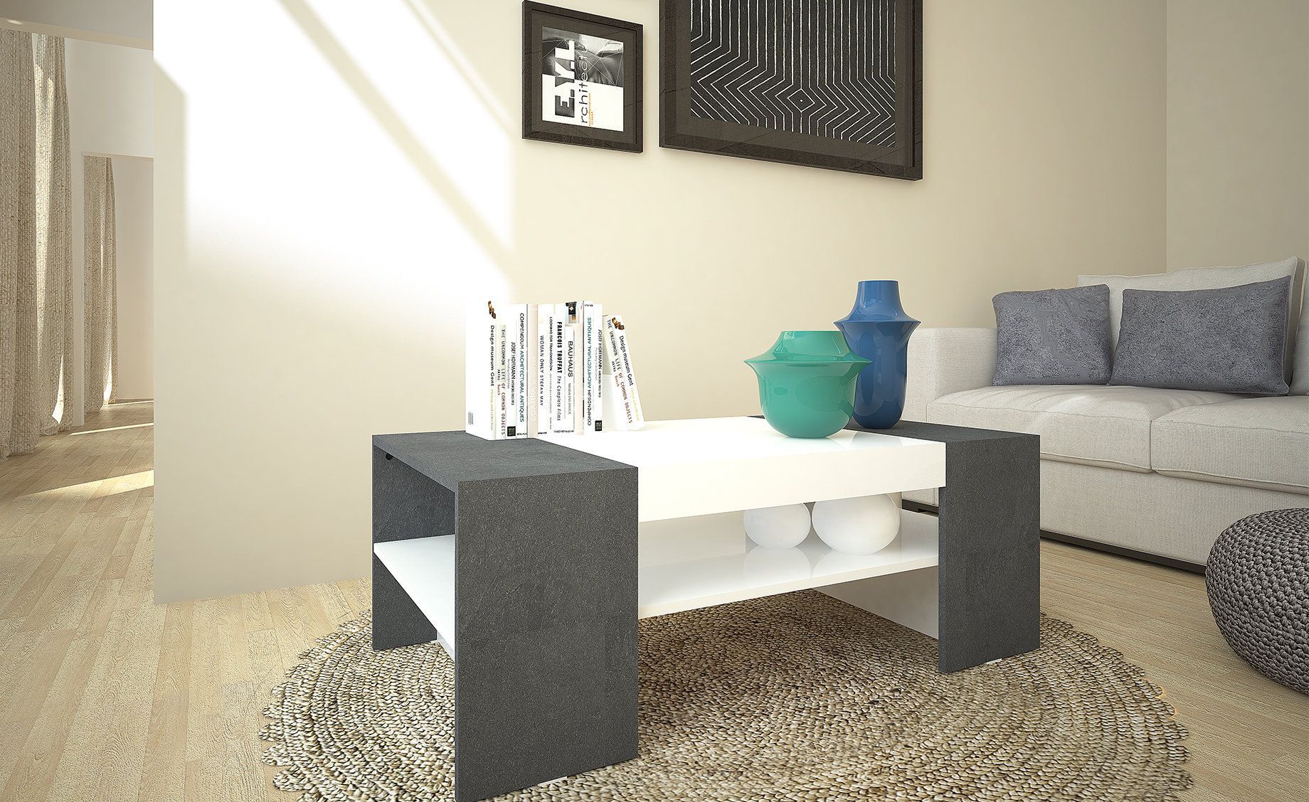 Klub sto Cherry 110x60x40cm beli visoki sjaj/cement | Emmezeta webshop